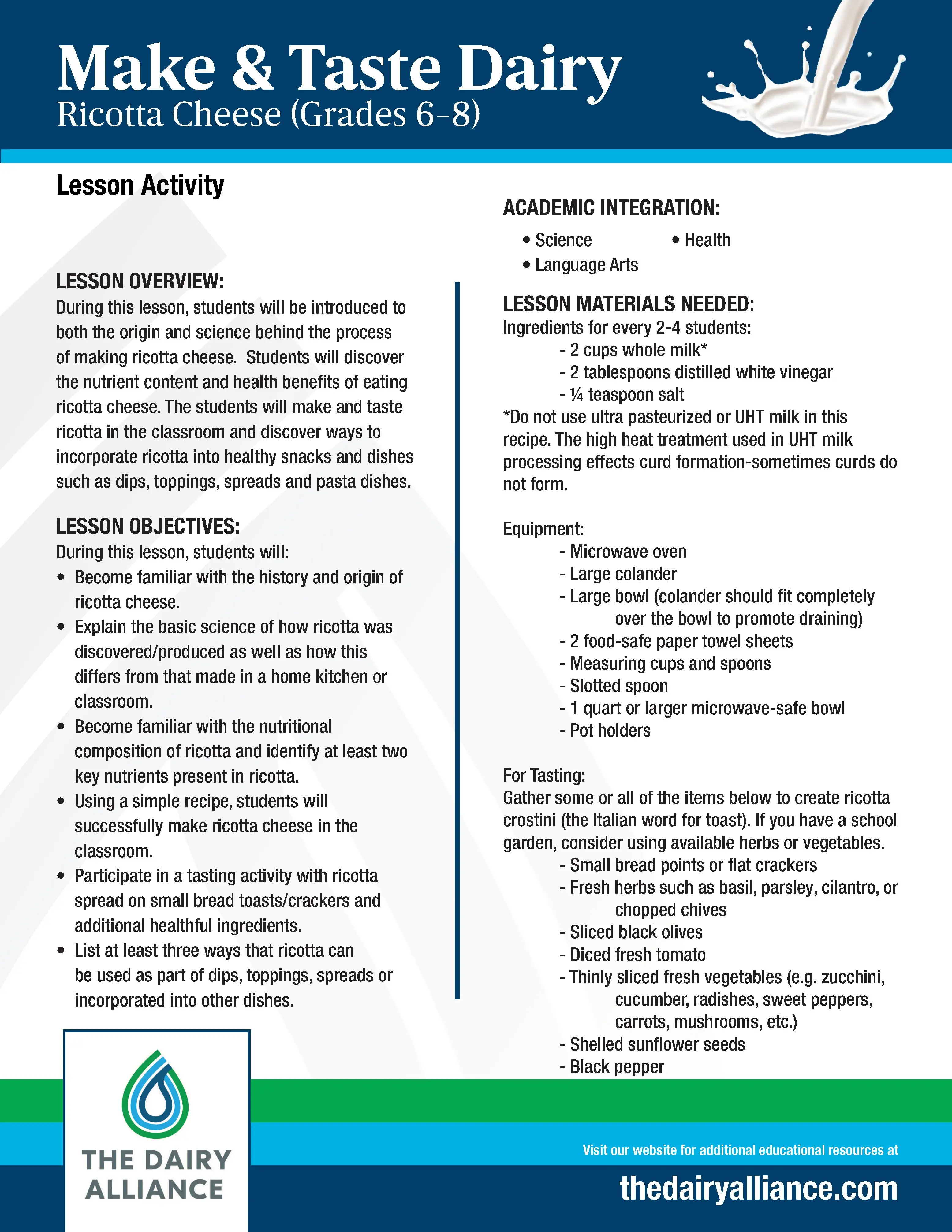 Make & Taste Dairy: Ricotta Cheese Grade 6-8 - Midwest Dairy